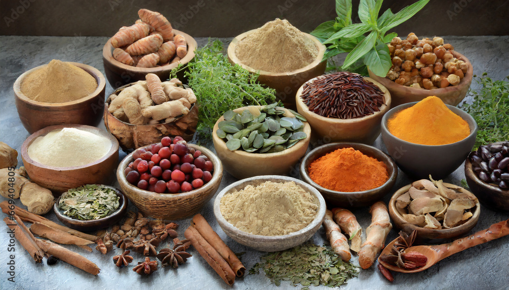 Adaptogen food selection with herbs, spice, fruit and supplement ...