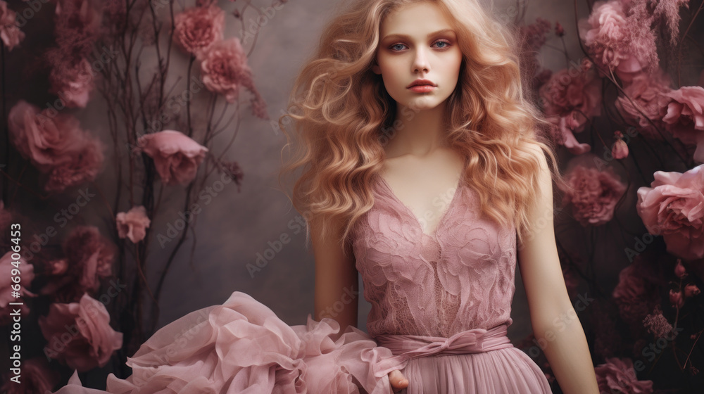 Beautiful fashion model in a elegance rose dress. Portrait of a ...