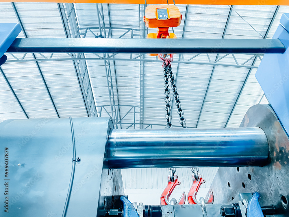 Overhead crane inside factory building, industrial background. Stock ...