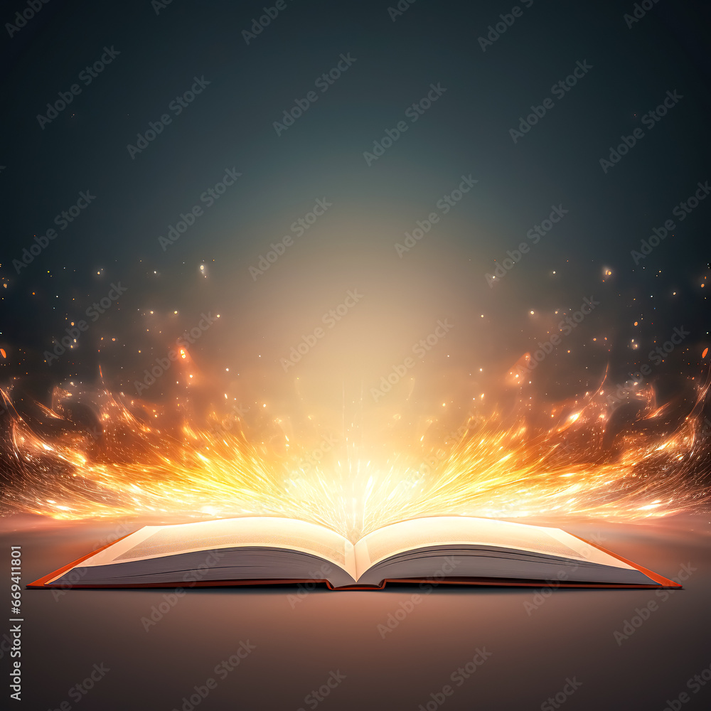 Bright lighting coming out of book, knowledge is power, read more ...