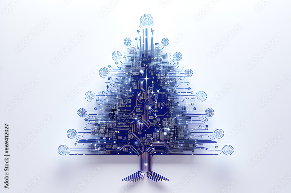 Technology themed electronic blue Christmas tree with circuit board ...