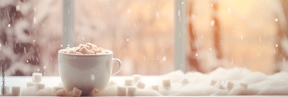 Creamy hot cocoa on a snowy winter view background. Christmas and New ...