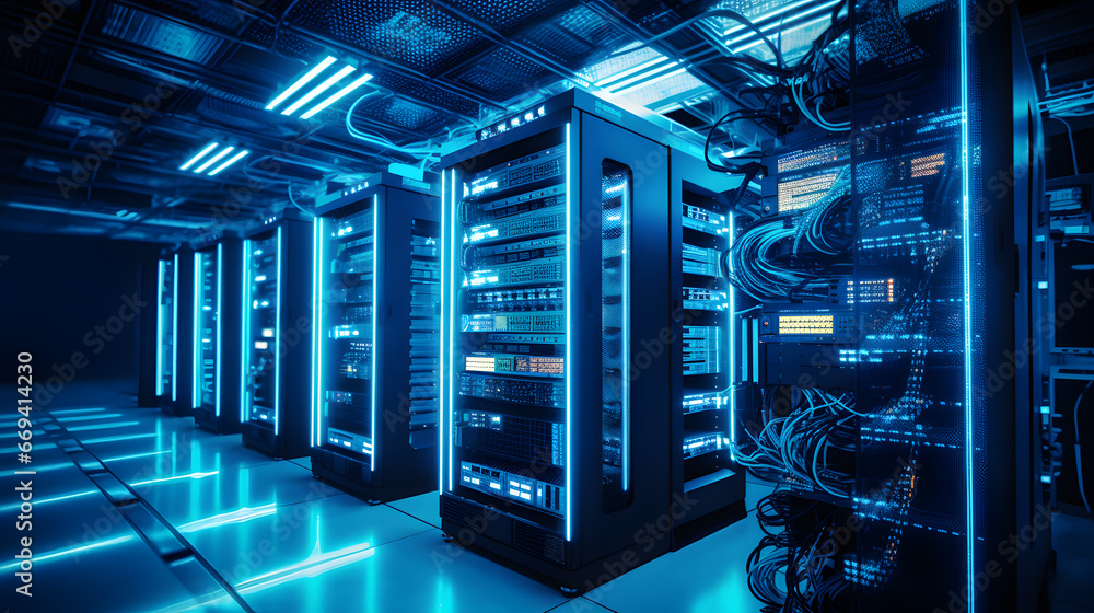 Server room with server racks and wires. Server uptime concept and ...