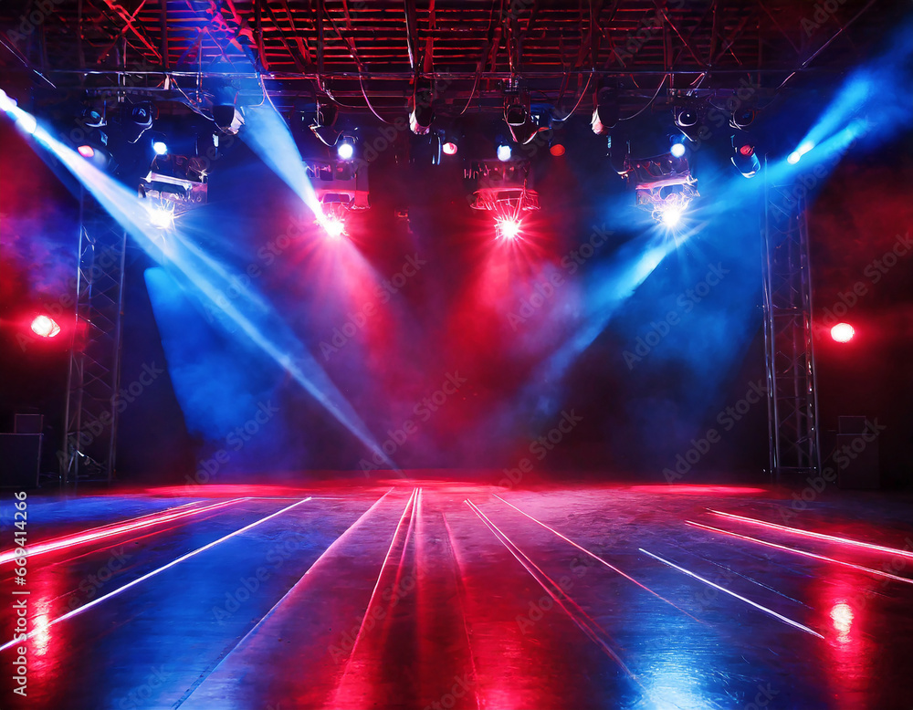 Empty night club stage illuminated with red and blue spotlights. Retro ...