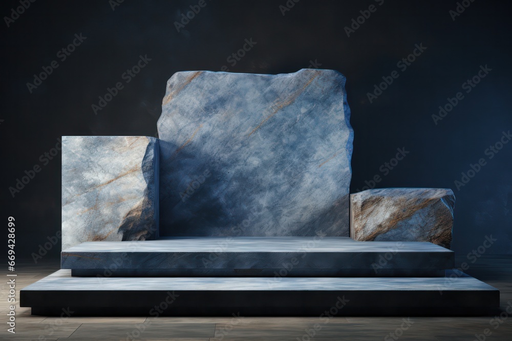 Blue azurite slab natural stone podium 3d rendering. Pedestal set ...