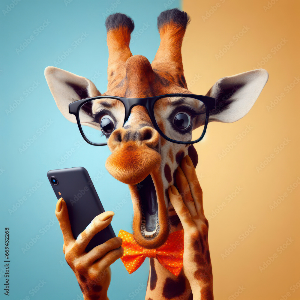 Shocked giraffe in glasses holding smartphone. ai generative Stock ...