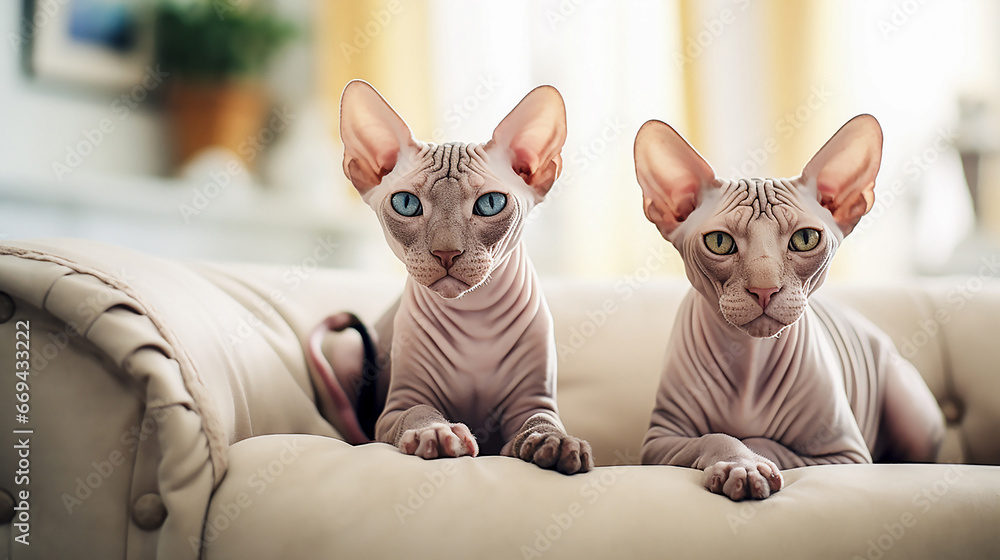 Two cute serious domestic cats of Sphinx breed are comfortably seated ...
