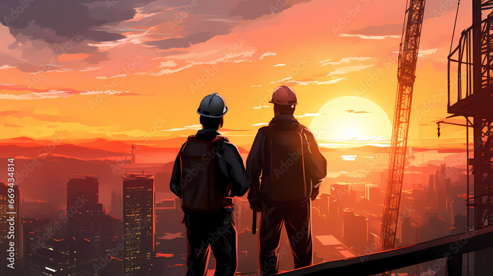 Two construction workers watching sunset vector image Stock Vector ...