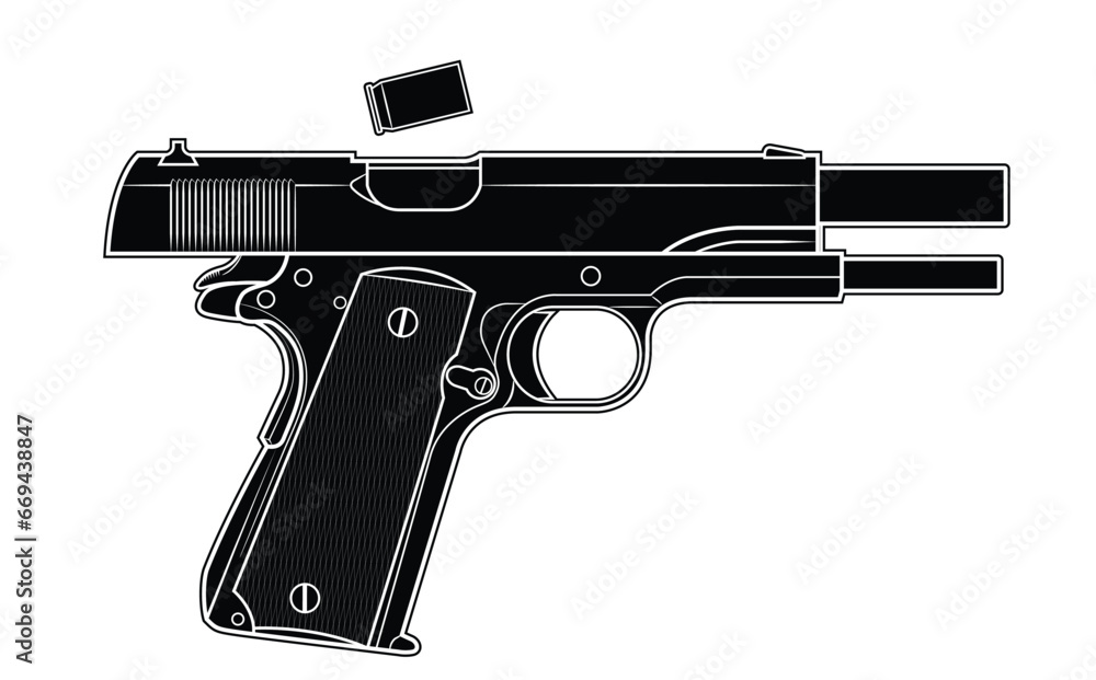 Vector illustration of the Colt 1911 automatic pistol with the breech ...