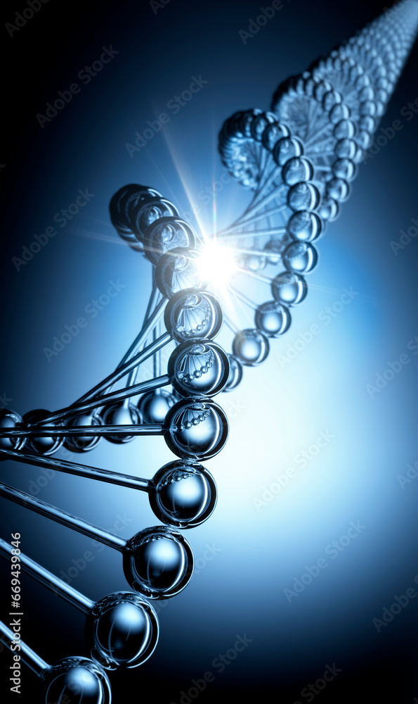 3d glass DNA, DNA sequence model, DNA code structure with blue ...