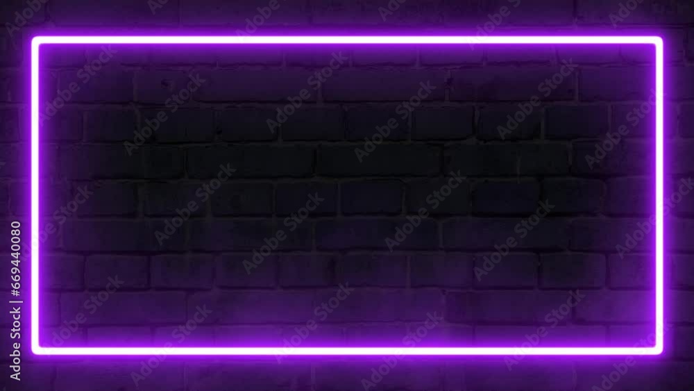 Square neon frame purple color at dark brick wall background. Glowing ...