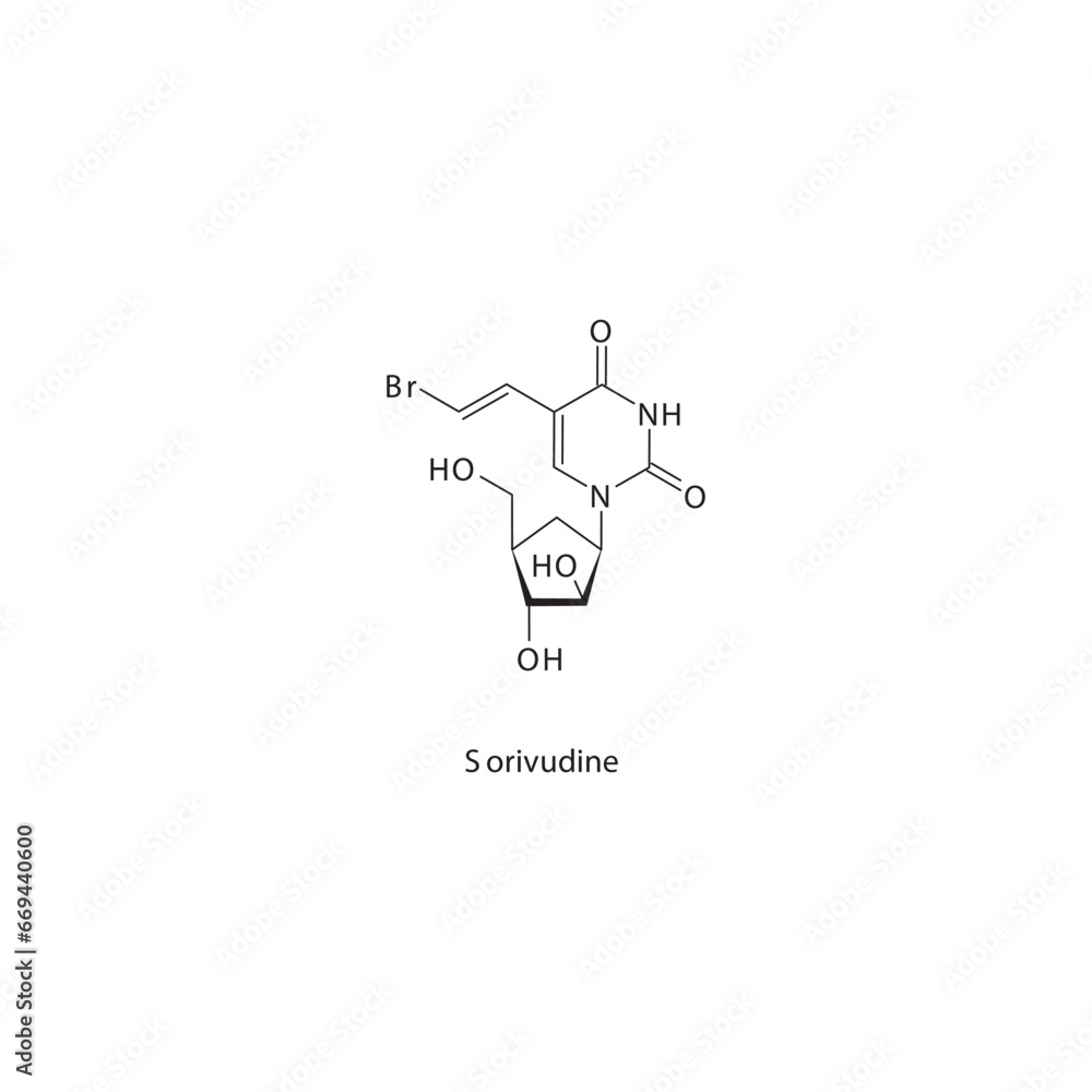 Sorivudine flat skeletal molecular structure Pyrimidine analogue ...
