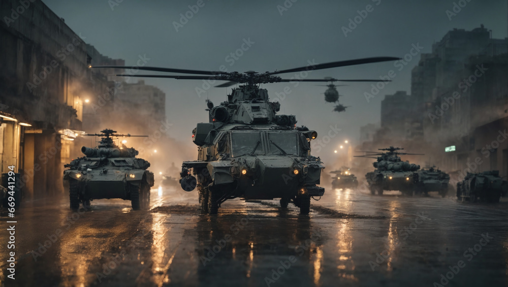 War-torn cityscape with military helicopters and tanks amidst heavy ...