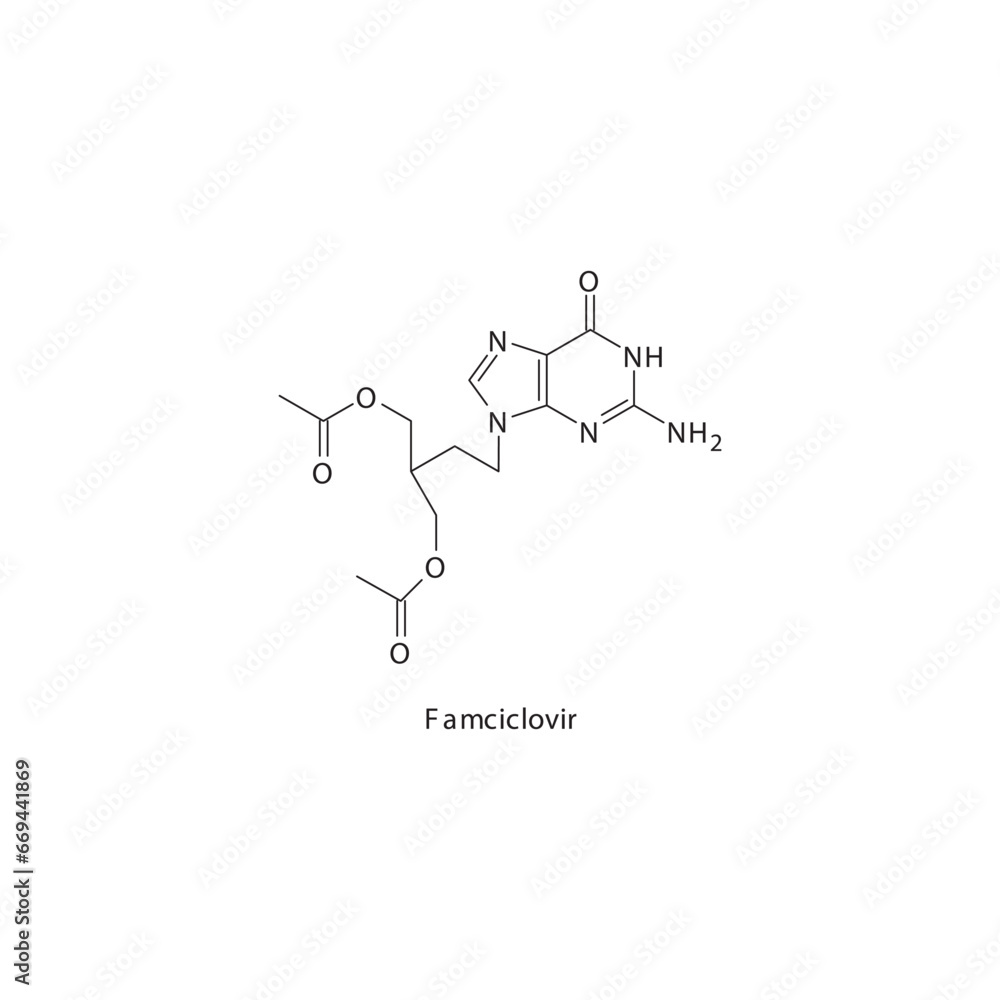 Famciclovir flat skeletal molecular structure Purine analogue antiviral ...
