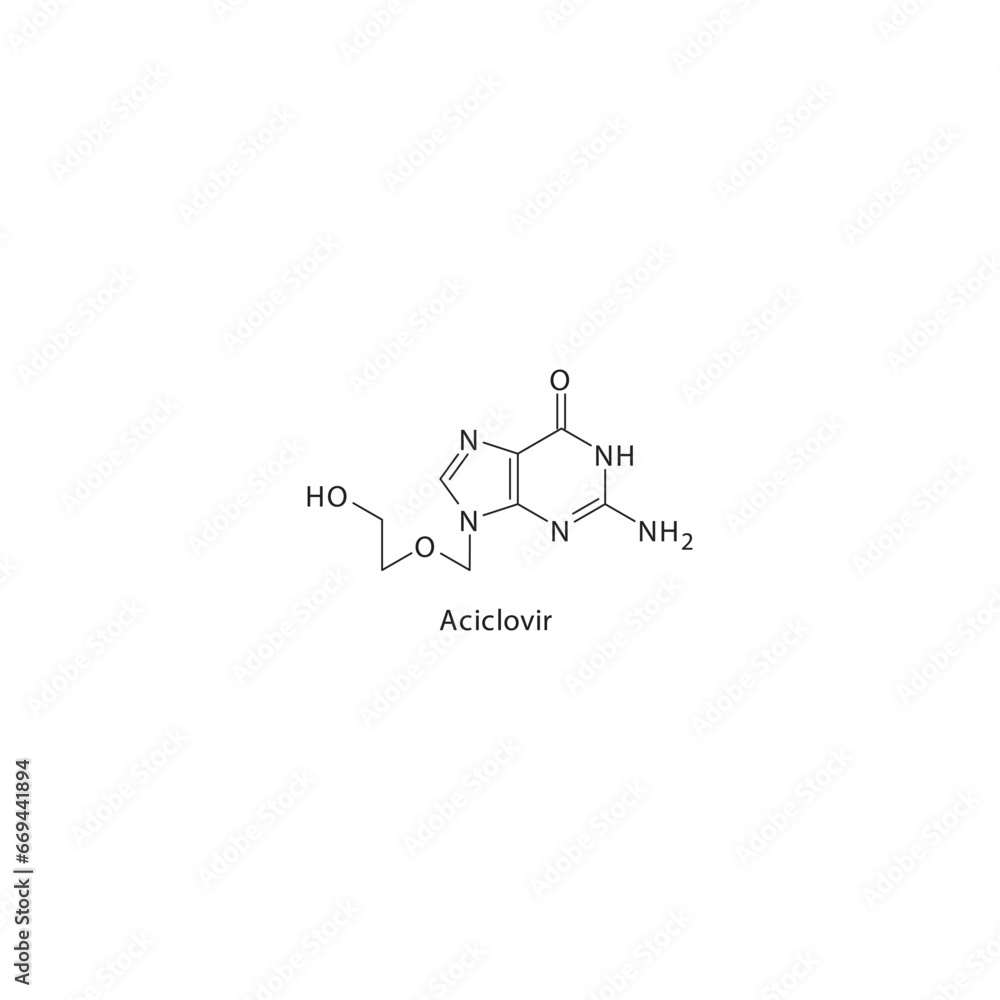 Aciclovir (Acyclovir) flat skeletal molecular structure Purine analogue ...
