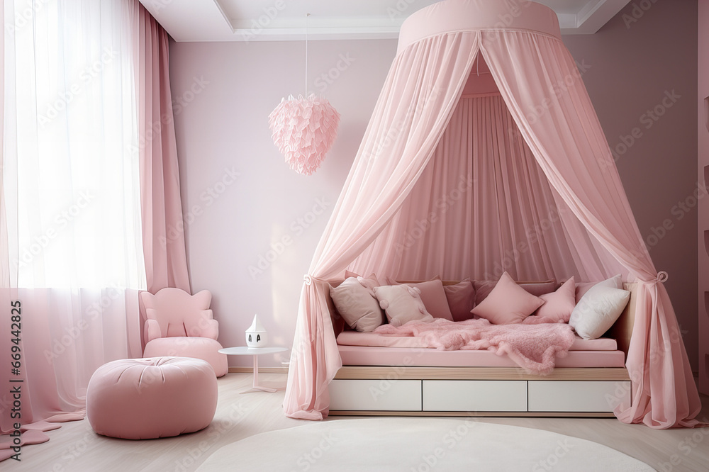 princess themed bedroom: pastel pink room with a dreamy bed with canopy ...