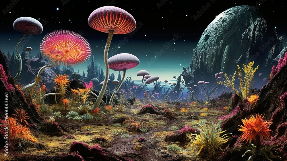 Alien world with giant fungus in retro sci-fi style landscape Stock ...