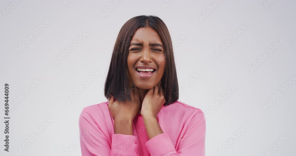 Woman, coughing and sore throat with infection, virus or hand on neck ...