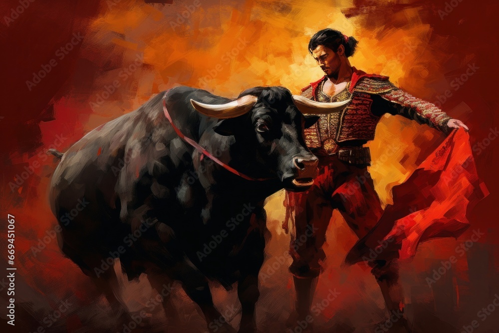Matador, bullfighter fights bull in the arena, art illustration painted ...