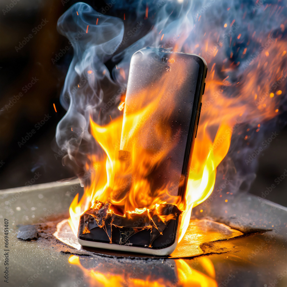 Burning Smartphone Exploding After Overcharging Battery With Flames And