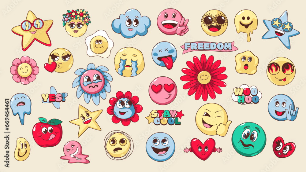 Groovy psychedelic emoji set vector illustration. Cartoon isolated ...