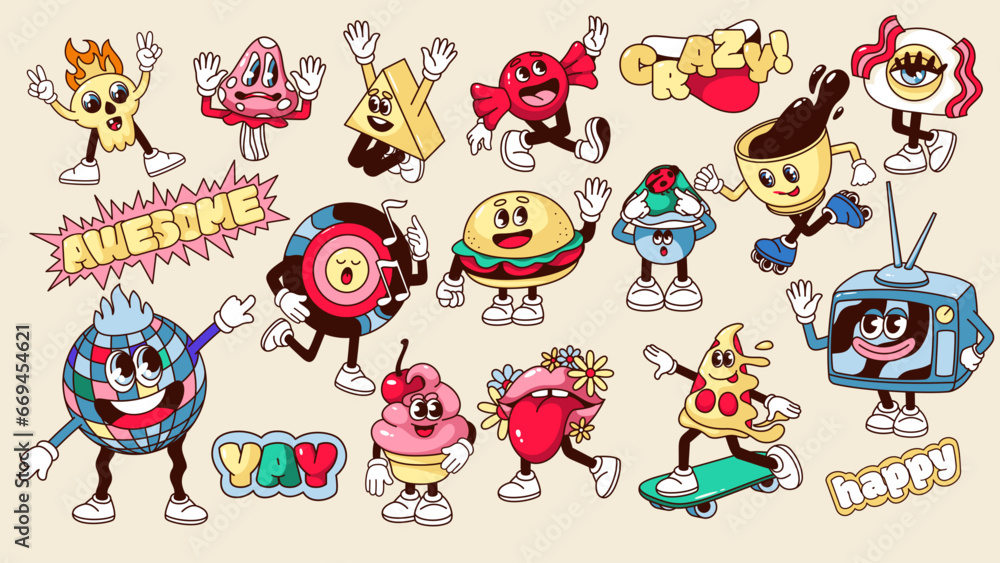 Groovy retro stickers set vector illustration. Cartoon isolated retro ...