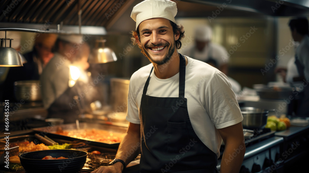 Handsome chef wearing white chef uniform and apron in kitchen, smiling ...