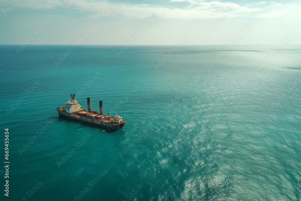 Aerial view of offshore platform with supply vessel conducting cargo ...