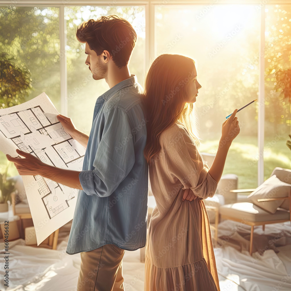 Young couple back to back with different plans for designing their new ...