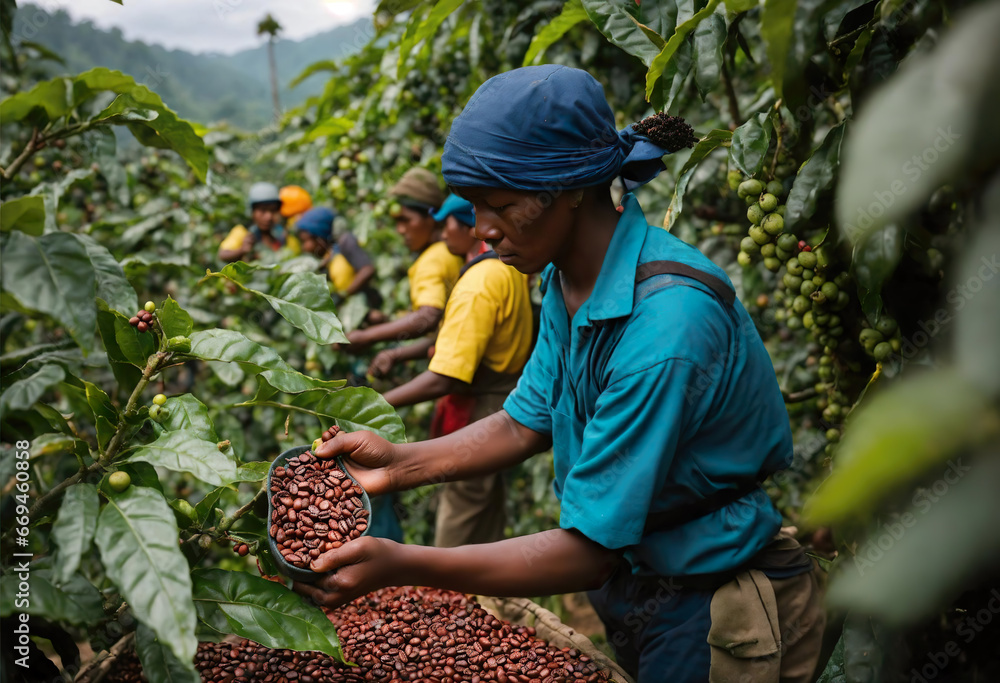 roasted brown coffee beans in farmer hand. group of people Colombian ...