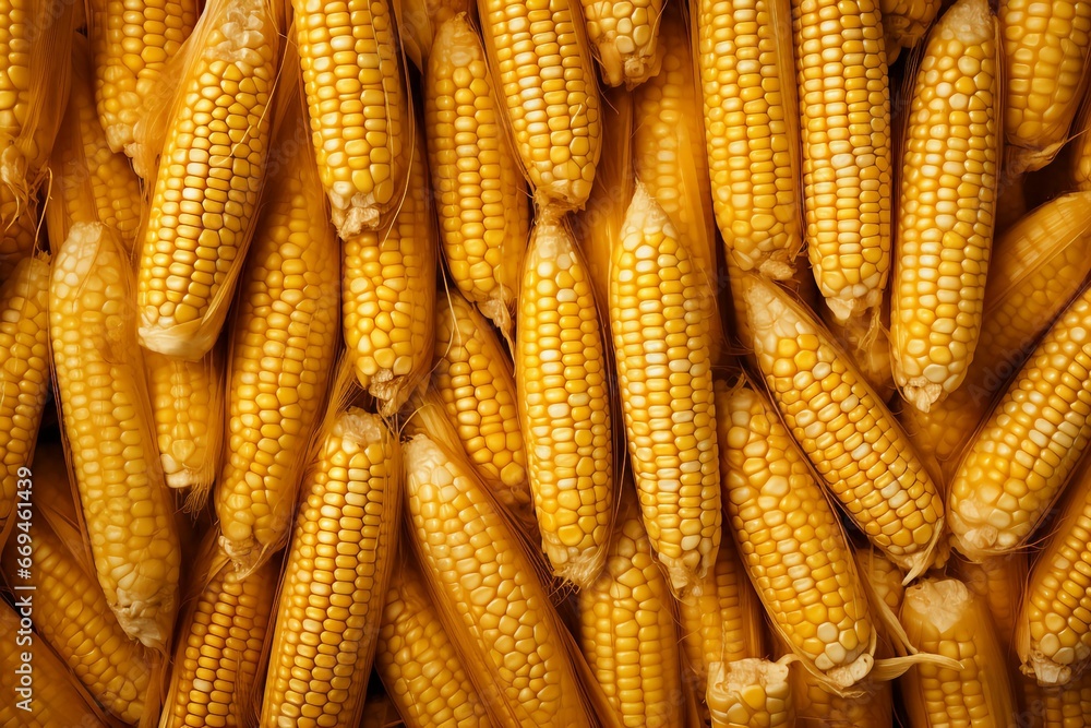 AI illustration of a bounty of freshly shelled corn neatly arranged in ...