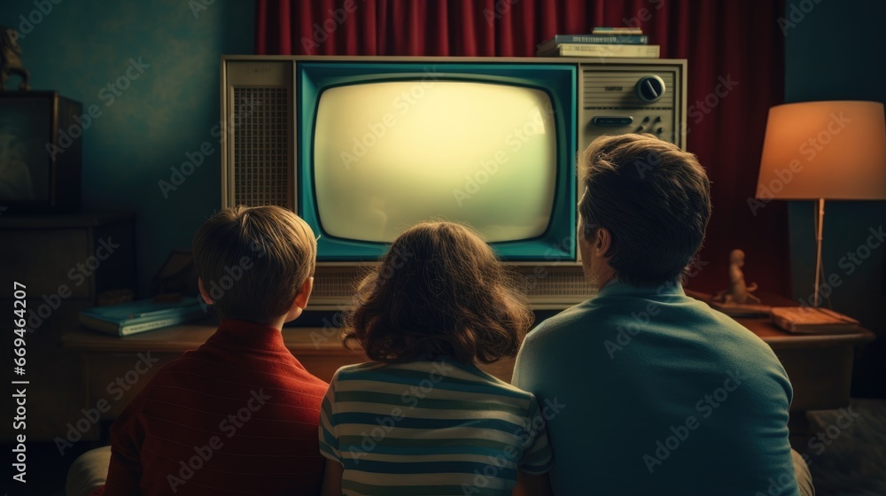 Family man, boy and girl sitting on a floor and watching retro ...