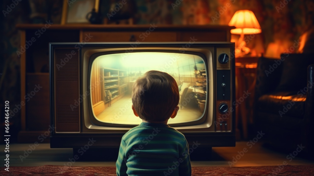 Child boy sitting on a floor and watching retro television in old style ...