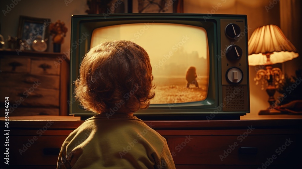Child boy sitting on a floor and watching retro television in old style ...