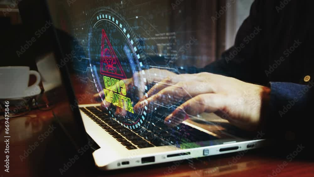 Cyber attack hacking and virus network security breach alert symbol and man typing computer ...