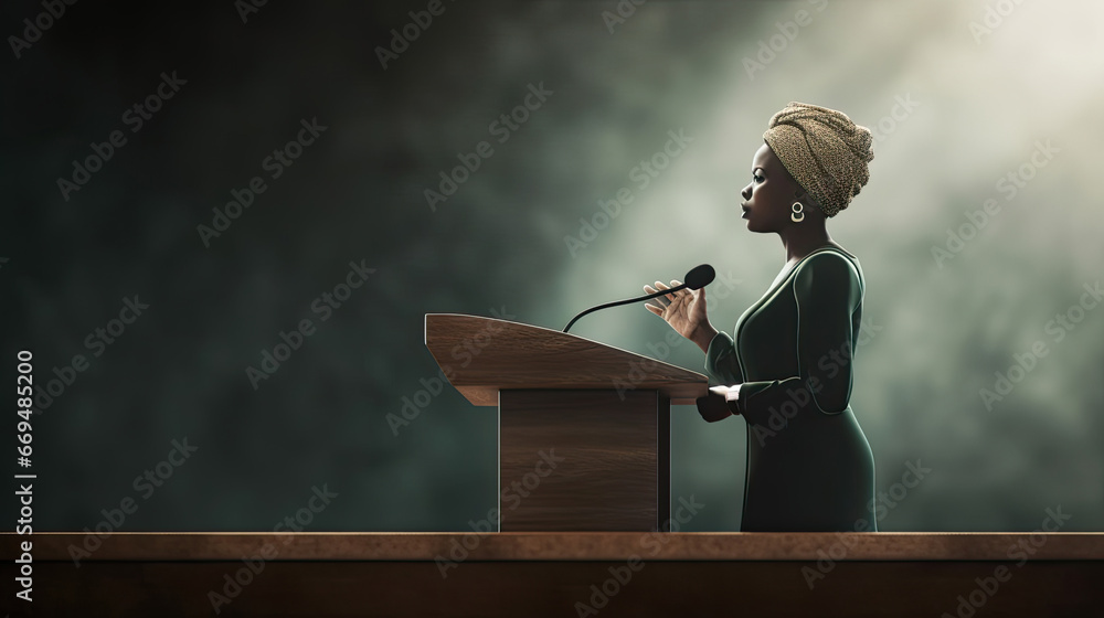 African American woman giving a speech on a podium Stock Photo | Adobe ...