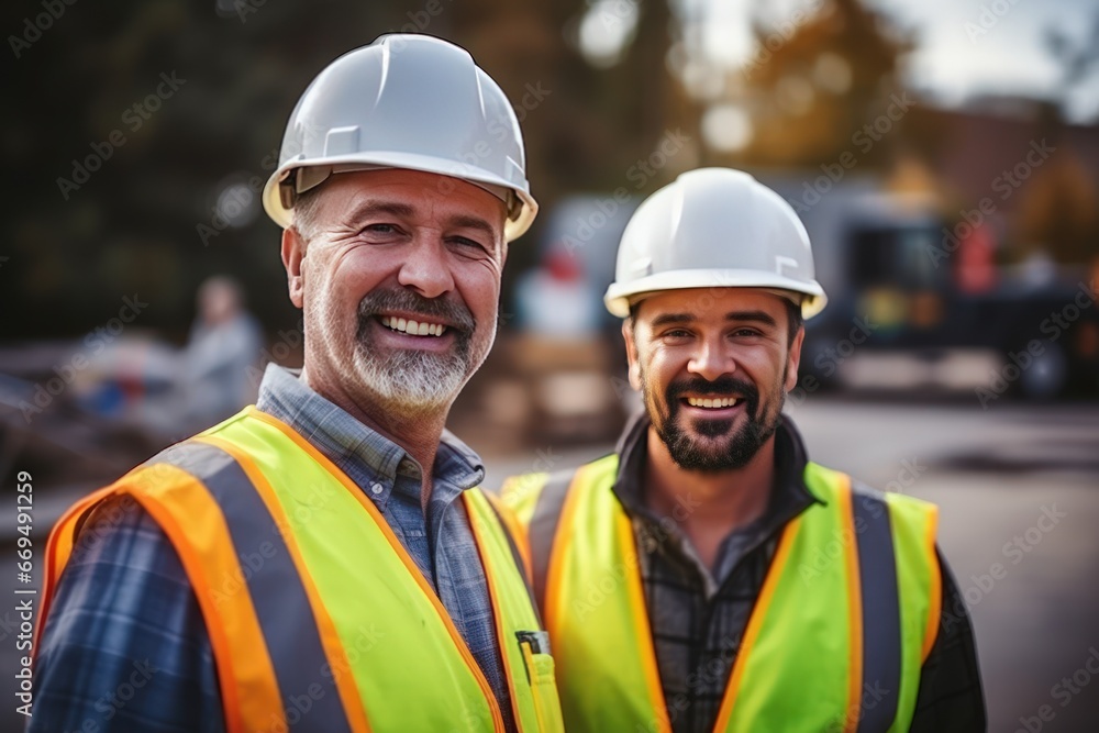 Men builders in reflective vests and protective helmets pose for photo ...