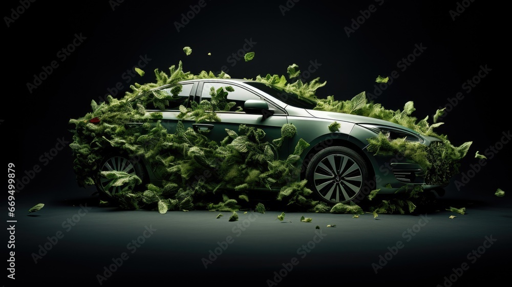 A car made of leaves with an exhaust trail of leaves.The leaves are ...