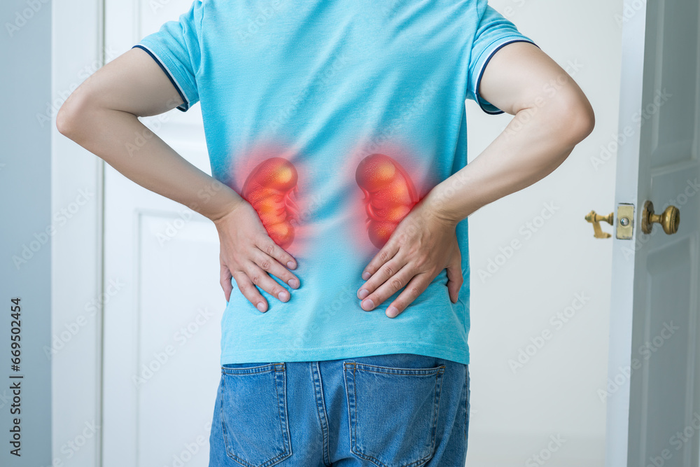Back pain, kidney stones, inflammation and disease, man suffering from ...