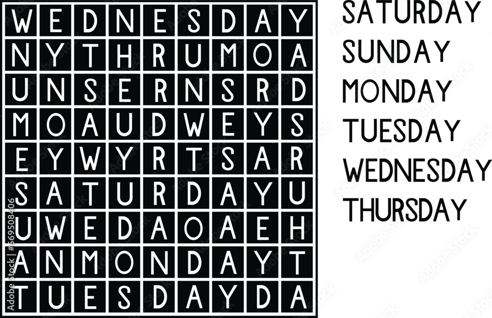 Word search puzzle with hidden names of the days. Puzzle for ...