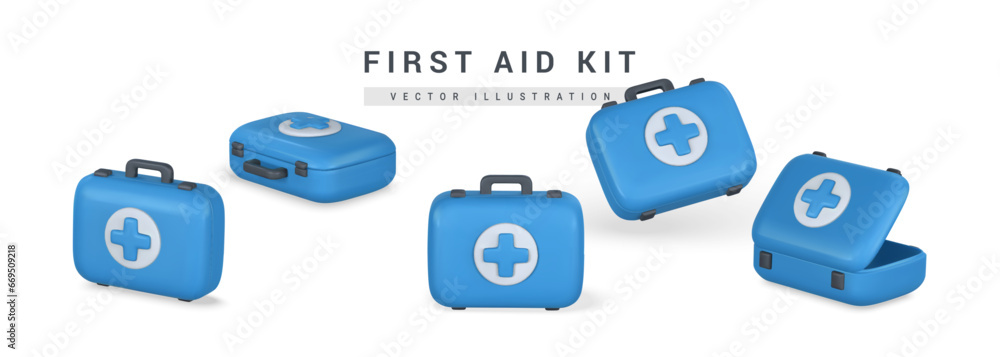 3d realistic first aid kit, emergency box in cartoon style. Hospital ...