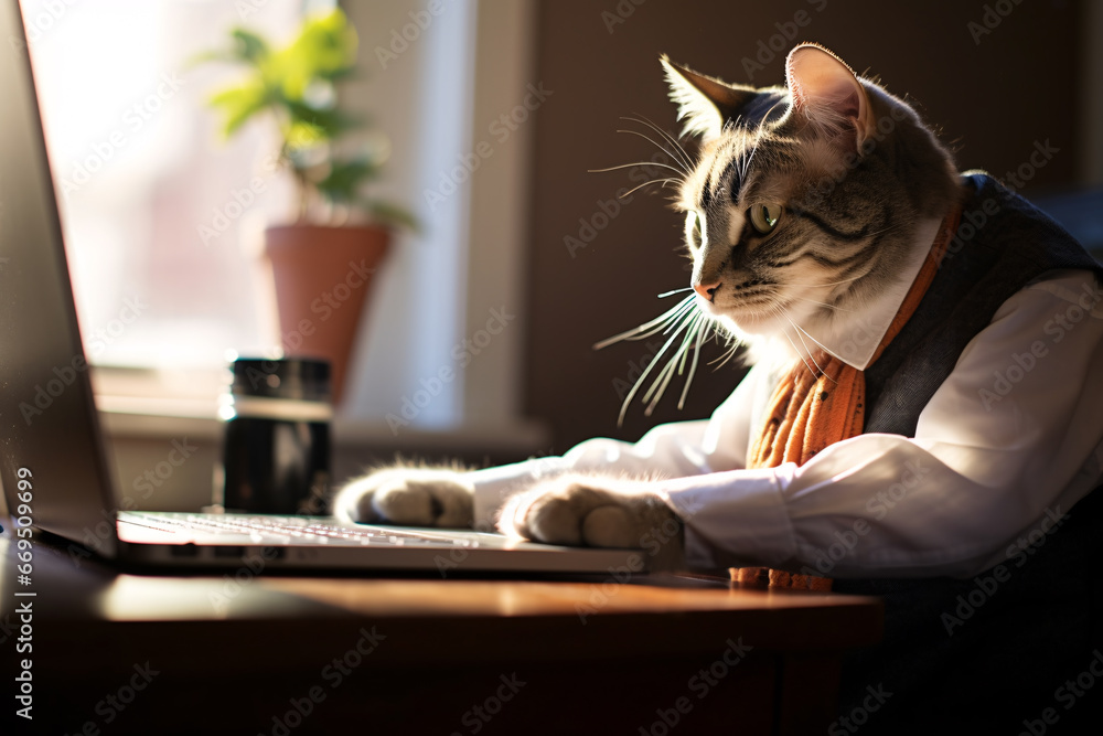 Cute tabby cat in formal suit look like a busy CEO businessman working ...