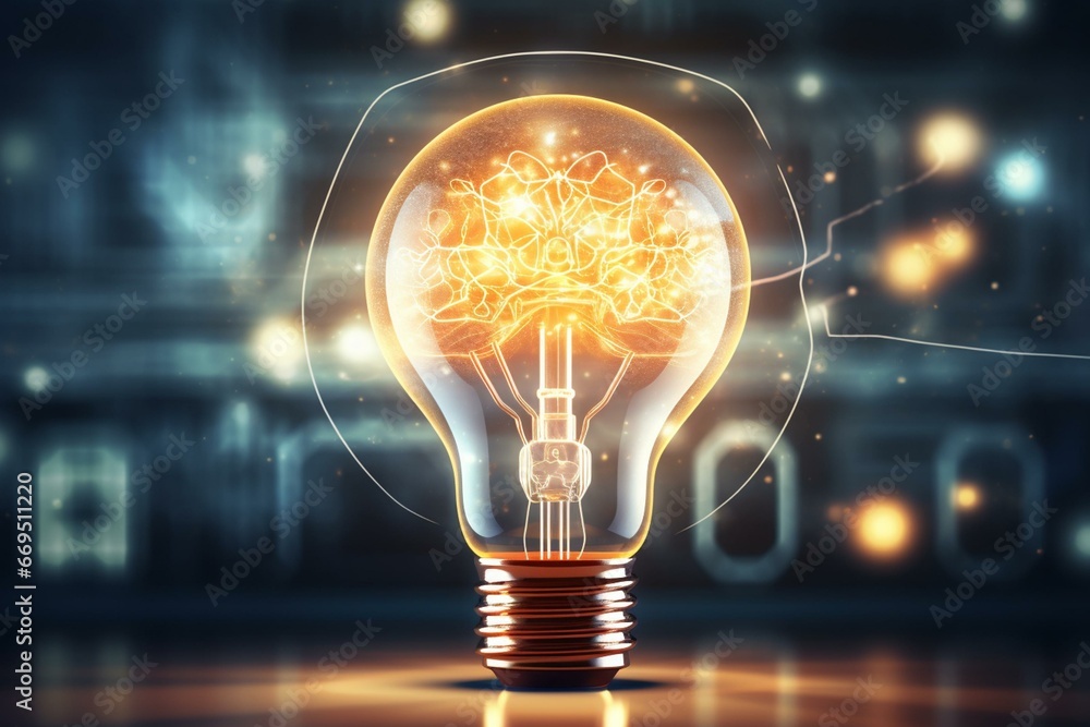 Abstract lightbulb with brain filament, on technology background with electric pathways and ...