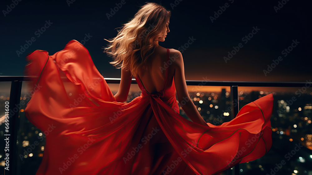 Fashion Woman in Red fluttering Dress Back Side Rear View. Glamour ...