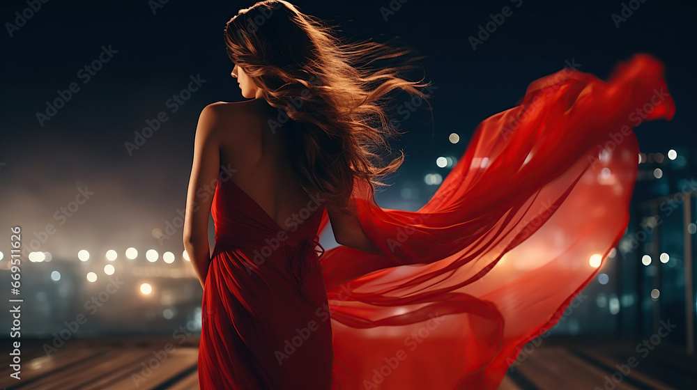 Fashion Woman in Red fluttering Dress Back Side Rear View. Glamour ...