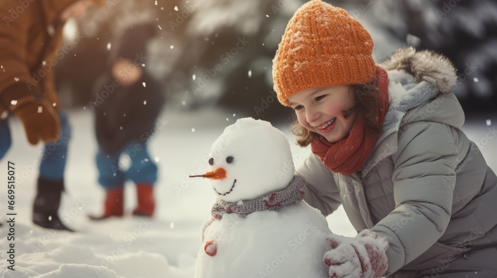 kids rolling snowballs to create a cheerful snowman with a carrot nose ...