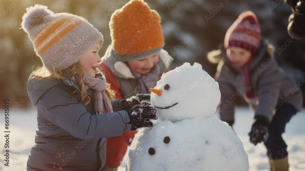 kids rolling snowballs to create a cheerful snowman with a carrot nose ...
