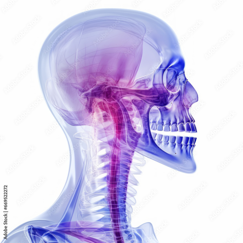 Side profile of a transparent purple-hued human skull and neck X-ray ...