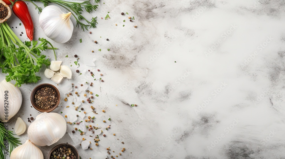 Food cooking background. Stone texture with sea salt, pepper garlic and ...