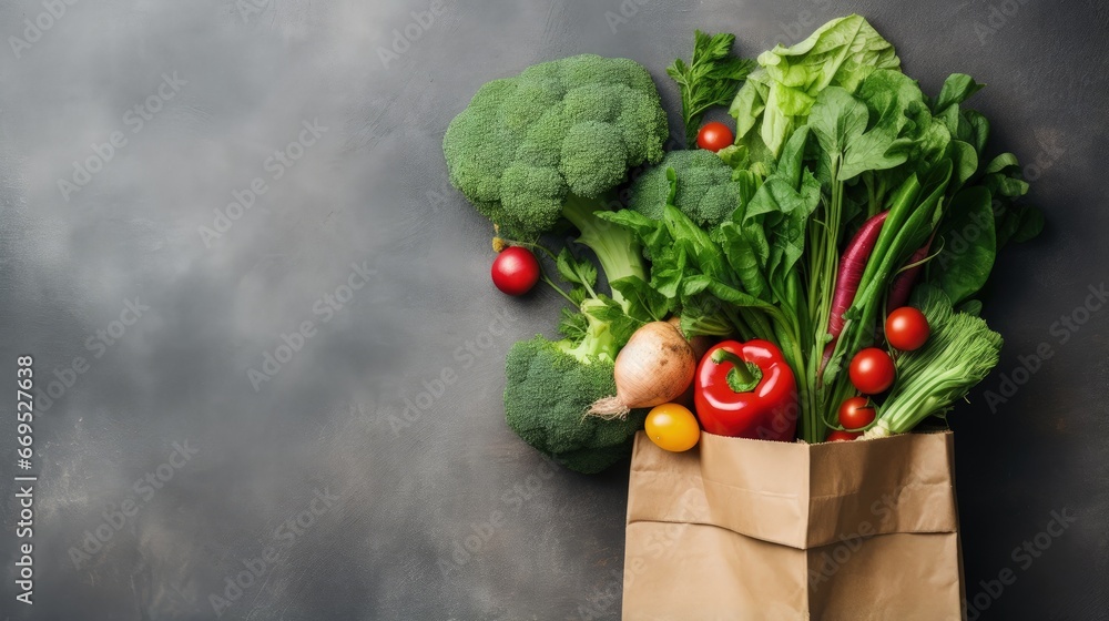 Bag with healthy grocery goods. Flat-lay of jute bag full of vegetables ...